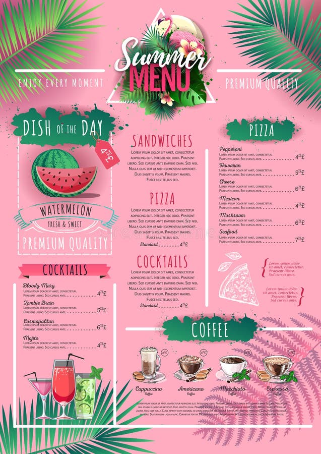 Summer Menu Design with Flamingo and Tropic Leaves. Restaurant Menu ...