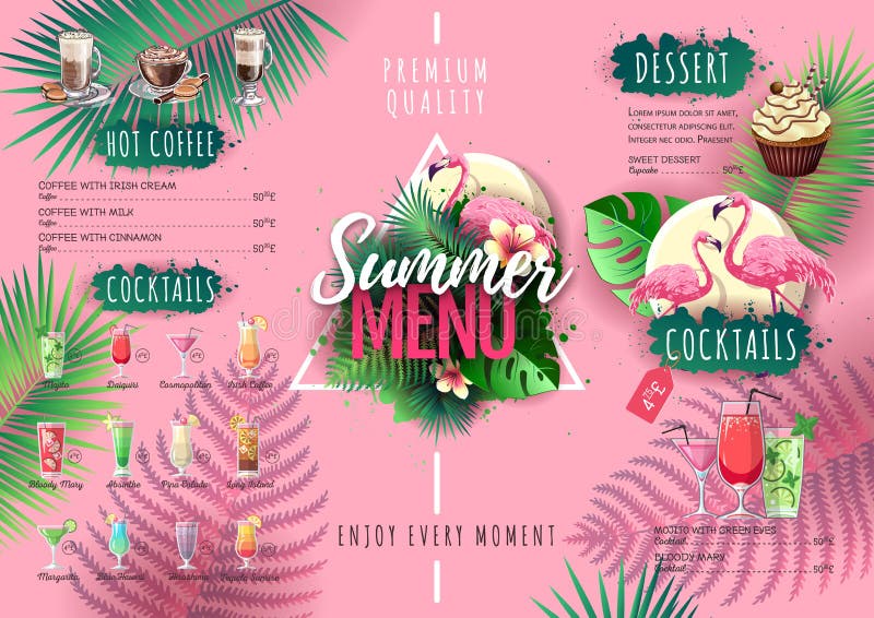Summer Menu Design with Flamingo and Tropic Leaves. Restaurant Menu ...