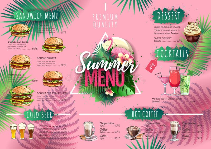 Summer Menu Design with Flamingo and Tropic Leaves. Restaurant Menu ...