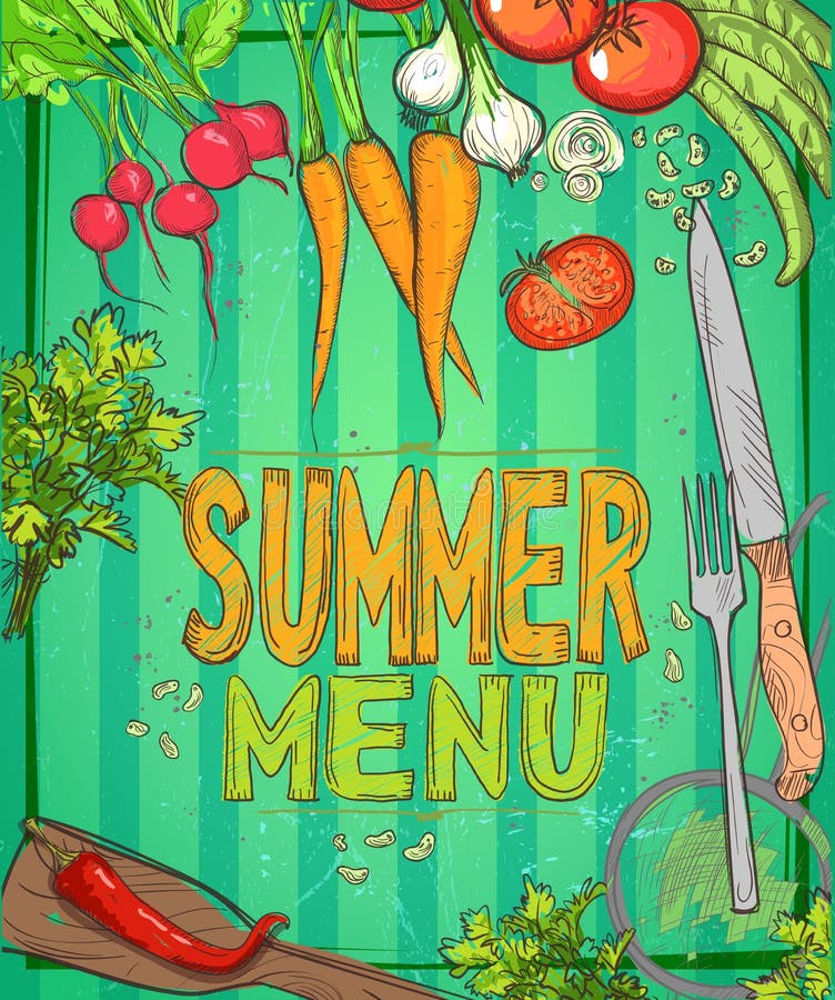 Summer Menu Template, Vector Illustration with Raw Vegetables and ...