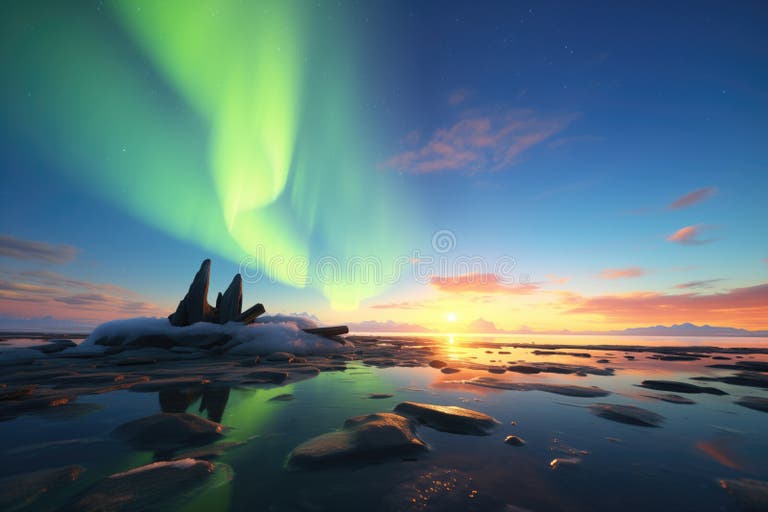 Summer Midnight Sun Blending with the Aurora Stock Photo - Image of ...