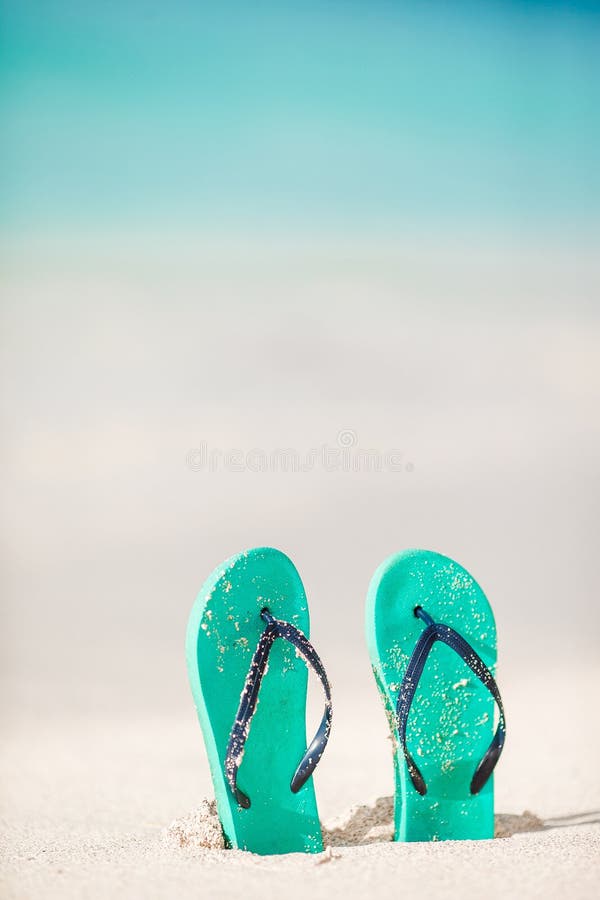 Summer Mint Flip Flops with Sunglasses on White Beach Stock Image ...