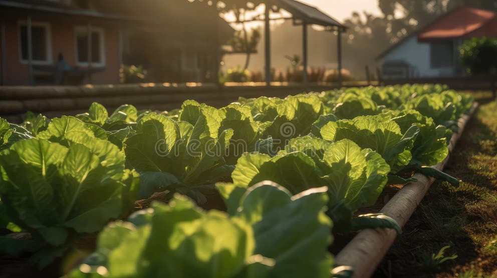 Summer Morning on the Farm. Cabbage Growing in Rows, Lit by Morning Sun ...