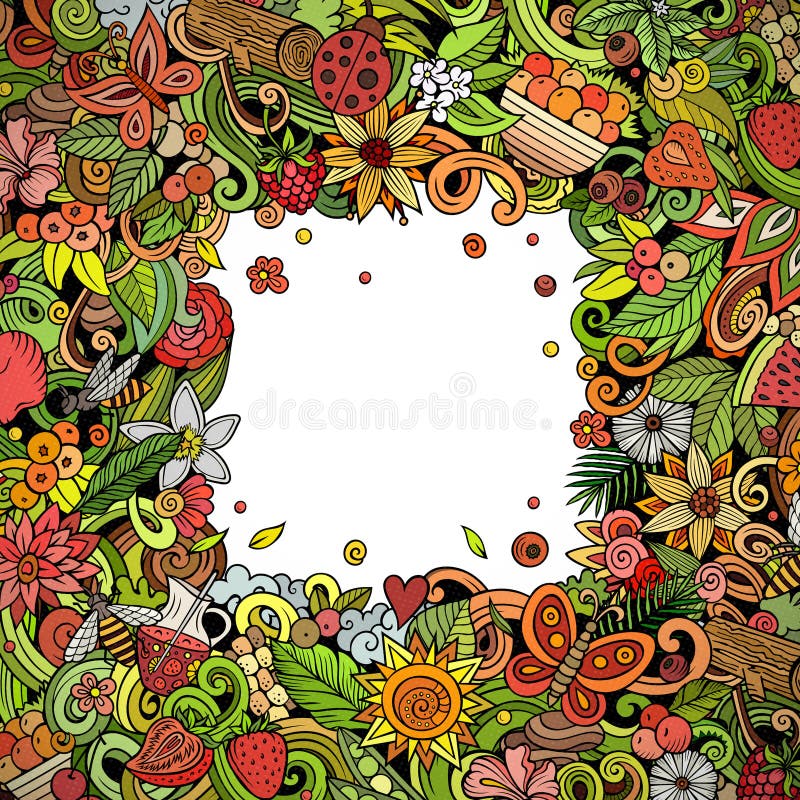 Summer Nature Cartoon Vector Doodles Frame Stock Image - Image of food ...