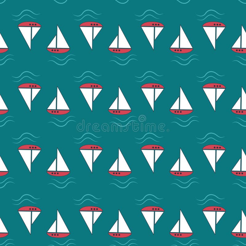 Summer Nautical Pattern with Ships and Waves on Blue Background. Stock ...
