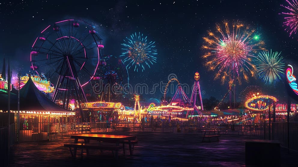 Summer Night Carnival with Glowing Rides and Fireworks. Stock Photo ...