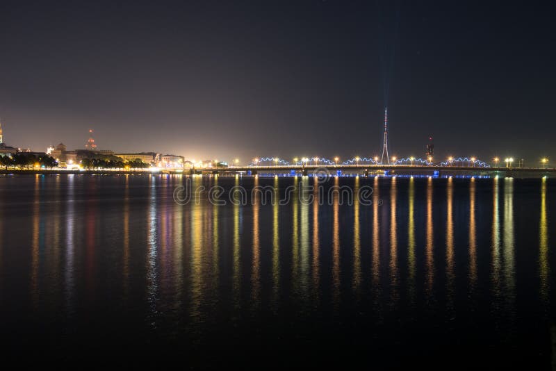 Summer Night City Light Reflections Over Water Stock Image - Image of ...