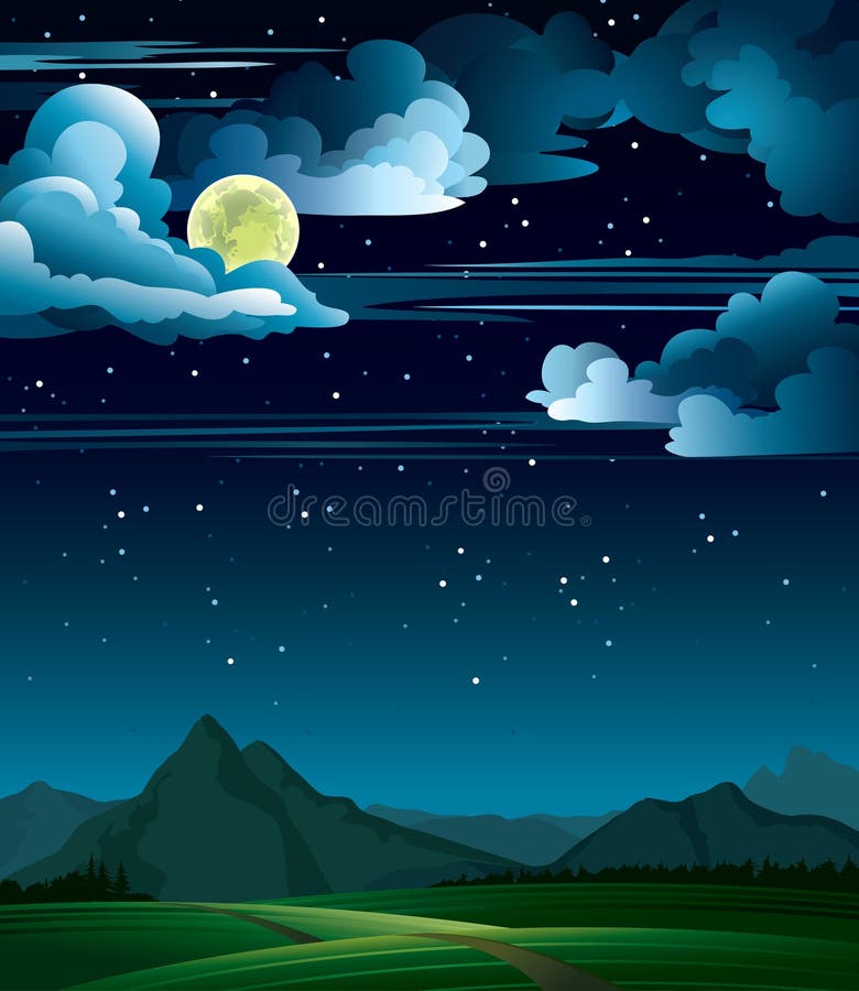 Summer Night With Full Moon And Mountains Stock Illustration ...