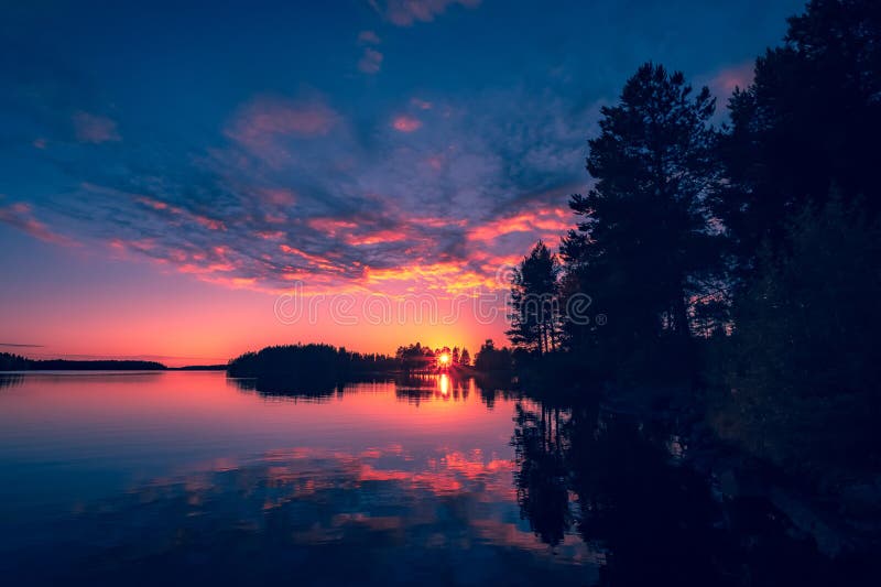 Summer Night Sunset View from Sotkamo, Finland. Stock Photo - Image of ...