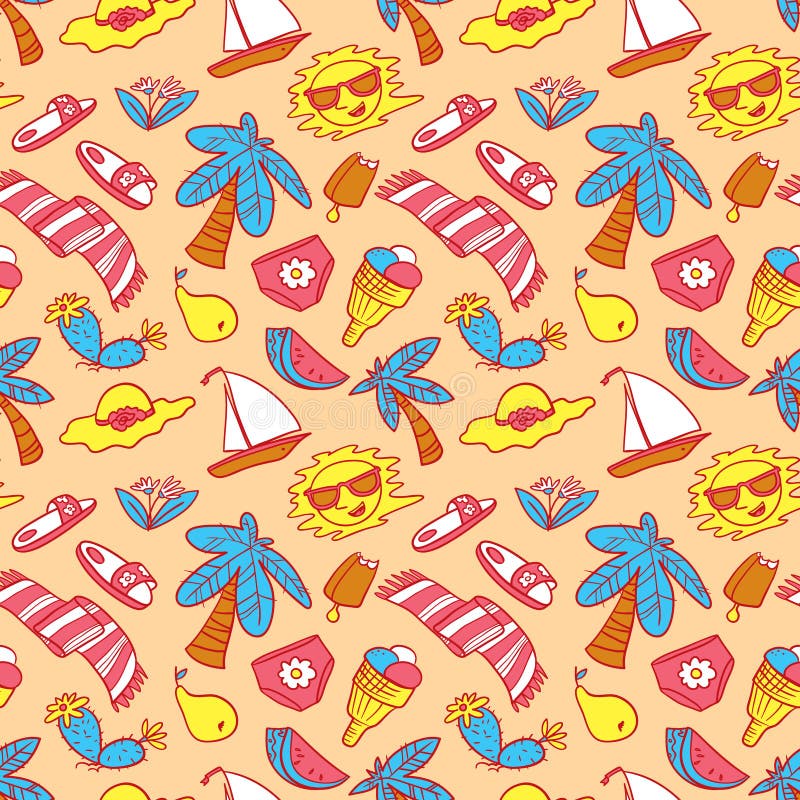 Summer Objects Seamless Pattern. Beach Background with Palms and Fruits ...