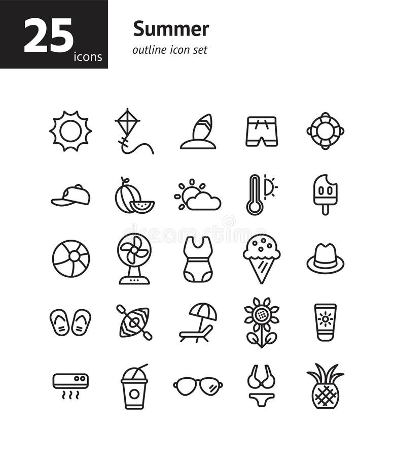 Summer outline icon set. stock vector. Illustration of fruit - 227632013
