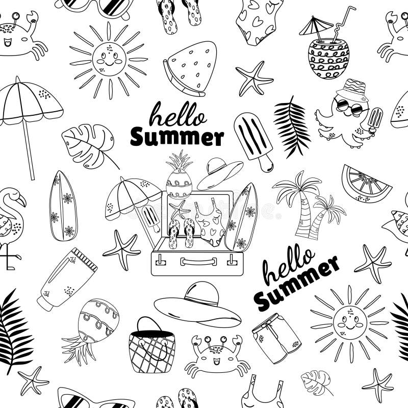 Summer Outline Pattern Cartoon Elements Stock Vector - Illustration of ...
