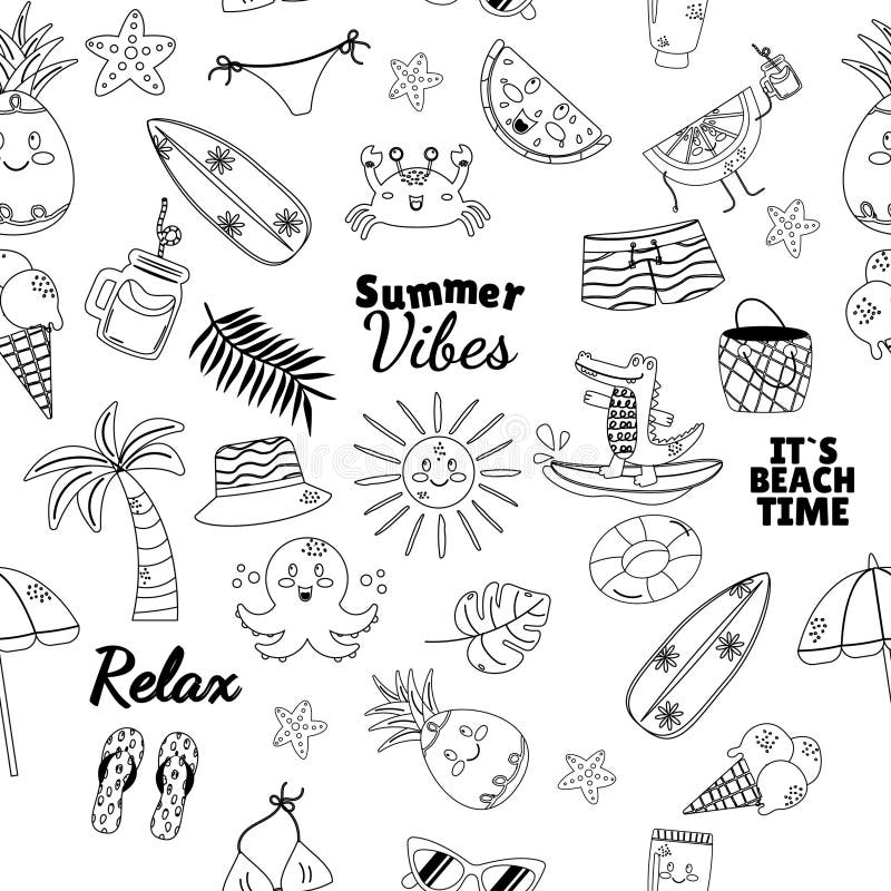 Summer Outline Pattern Cartoon Elements Flat Style Stock Vector ...