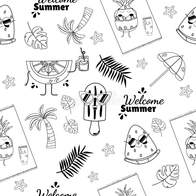 Summer Outline Pattern Cartoon Kawaii Fruits Stock Vector ...