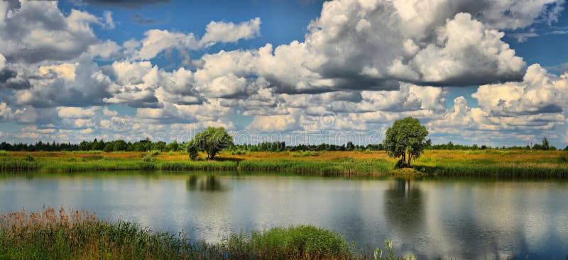 Summer panorama with river stock image. Image of nature - 98857939