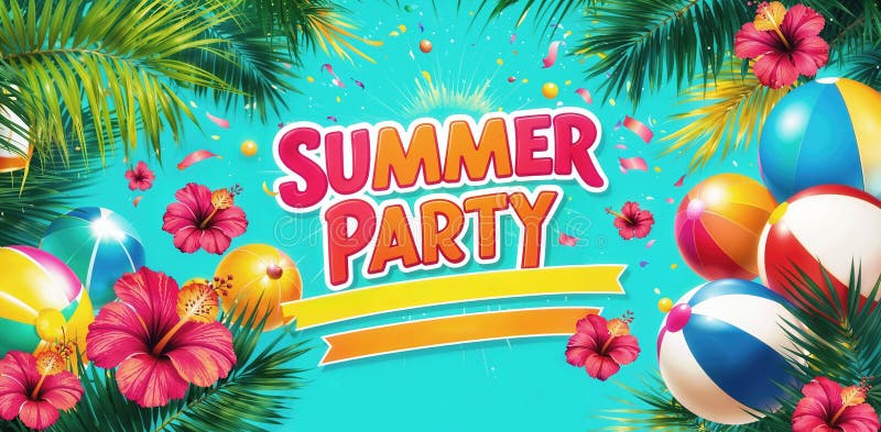 Summer Party Banner with Inflatable Beach Balls and Hibiscus Flowers ...