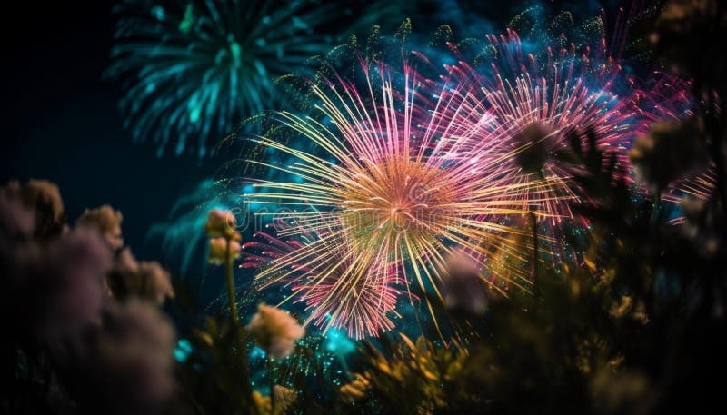 Summer Party Ignites Vibrant Firework Display, Illuminating Dark Night ...