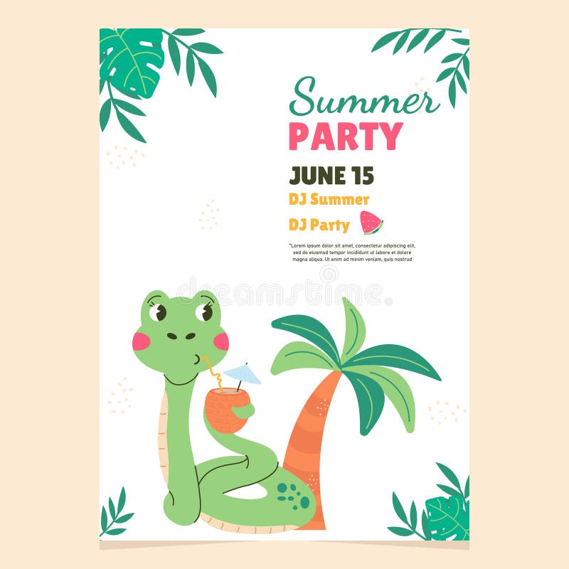 Summer Party Invitation Snake Character Drinking Cocktail Stock Vector ...