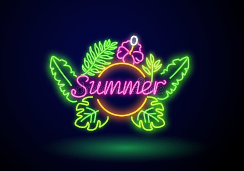 Summer Party Palm Tree Neon Light Glowing Beach, Sea, Sun Element ...