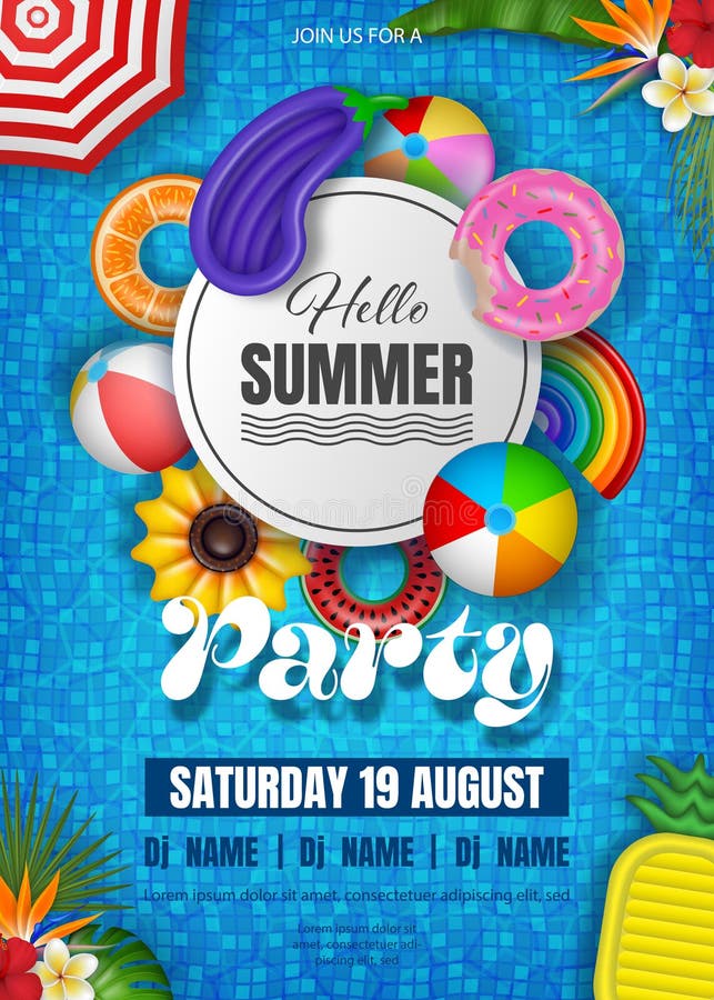Summer Party Poster with Colorful Inflatables Ond Pool Water. Pool ...