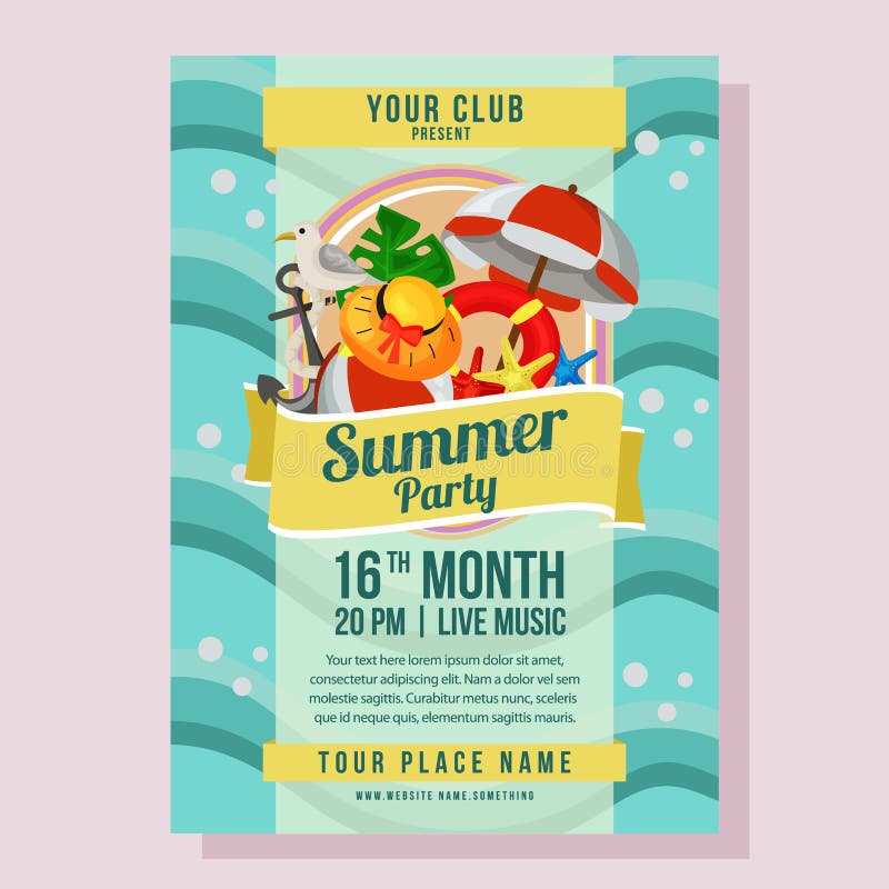 Summer Party Poster Holiday with Wave Marine Flat Style Stock Vector ...