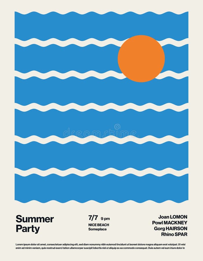 Summer Party Poster Template with Wavy Pattern and Sun. Minimal ...