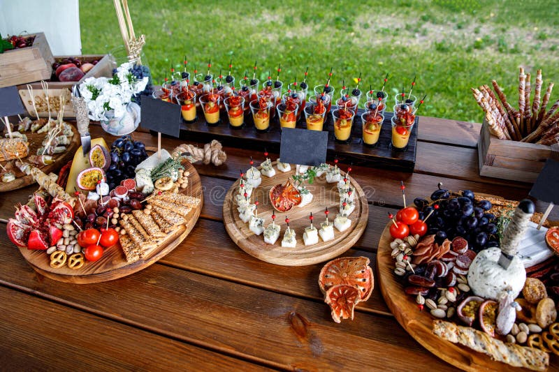 Summer Party Snacks on Wooden Table Stock Image - Image of greek ...