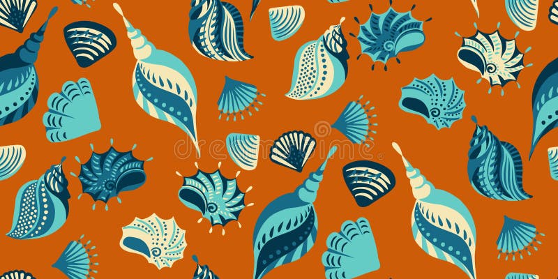 Summer Pattern with Abstract Artistic Summer Ocean Shell. Vector Hand ...