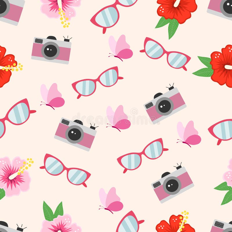 Summer Pattern of Tropical Red Flowers, Pink Butterflies, Pink Camera ...
