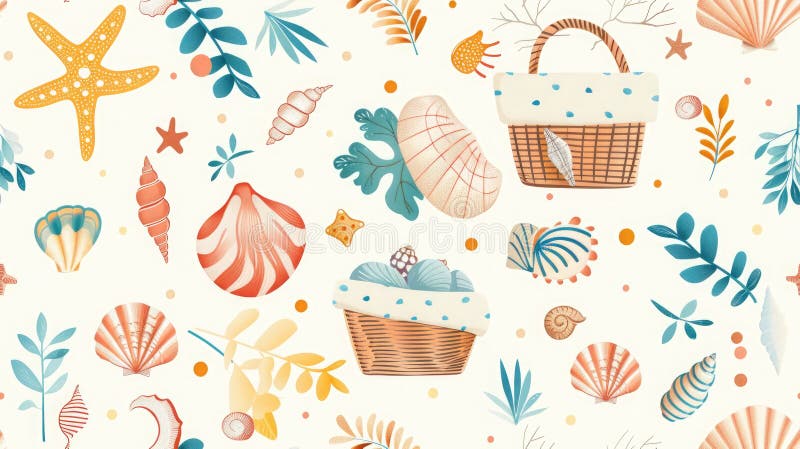 Summer Patterns with Soft Colors, Including Sea Shells and Picnic ...
