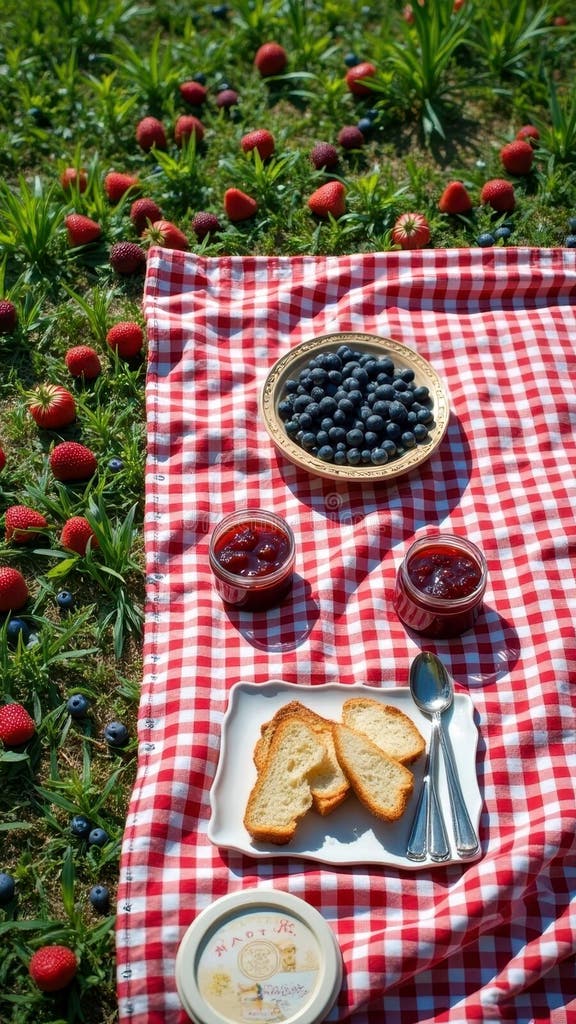 Summer Picnic with Fresh Berries and Jam on a Red Checkered Blanket ...