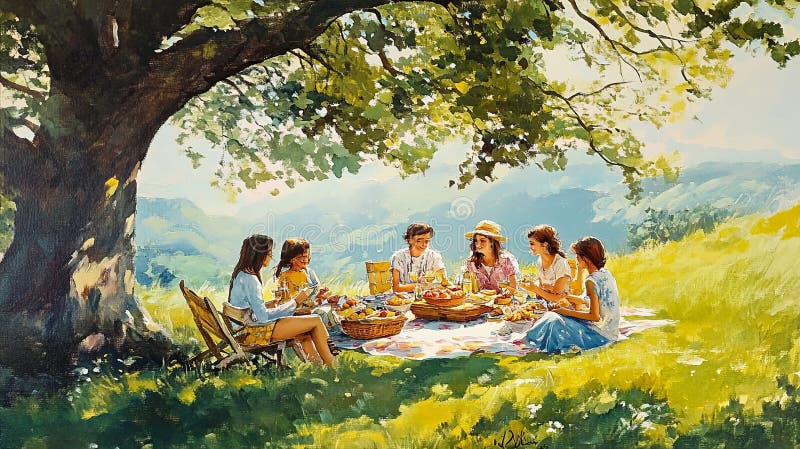 Summer Picnic with Friends Under Tree. Stock Photo - Image of people ...