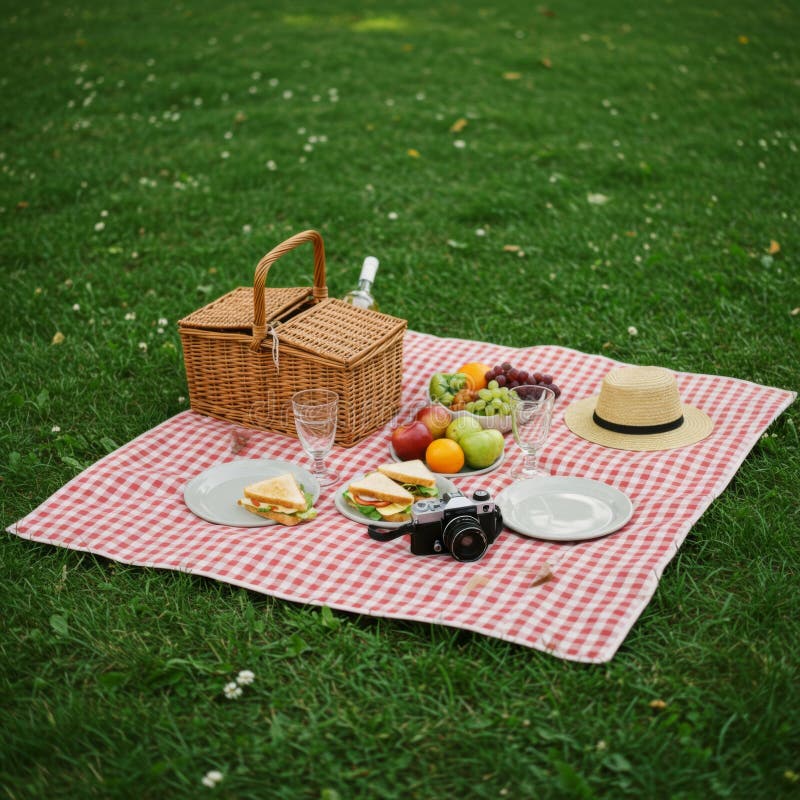 Summer Picnic on Green Grass with Red and White Checked Blanket Stock ...