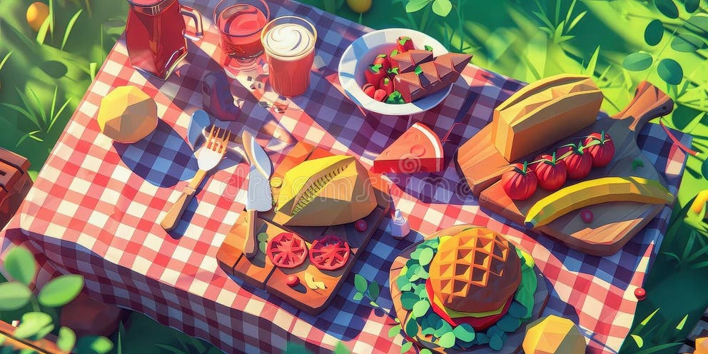 Summer Picnic with Low Poly Food Stock Illustration - Illustration of ...