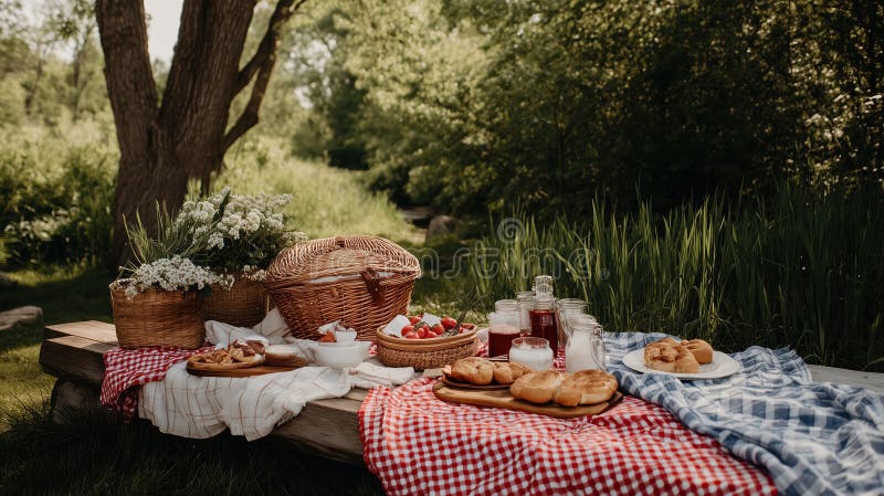 Summer Picnic in the Meadow Rustic Table Setting Stock Illustration ...