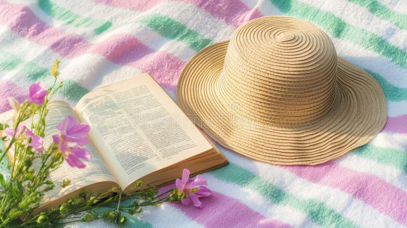 Summer Picnic: Open Book Flowers Straw Hat on Striped Blanket Stock ...