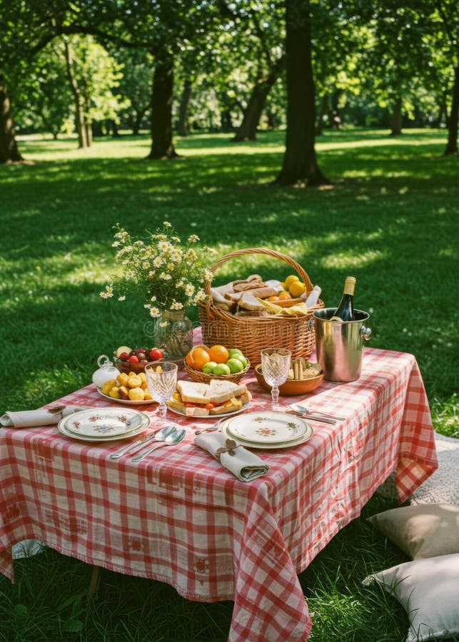 Summer Picnic in the Park: a Red and White Checkered Tablecloth, Food ...