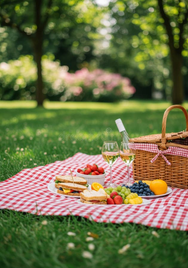 Summer Picnic on a Red and White Checkered Blanket Stock Illustration ...