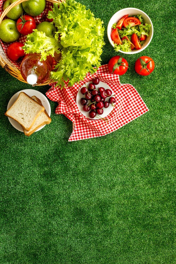 Summer Picnic Setting. Basket with Food on Red Cloth, Top View Stock ...