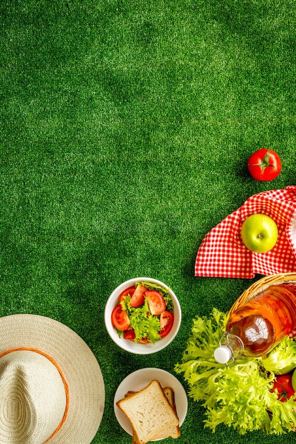 Summer Picnic Setting. Basket with Food on Red Cloth, Top View Stock ...