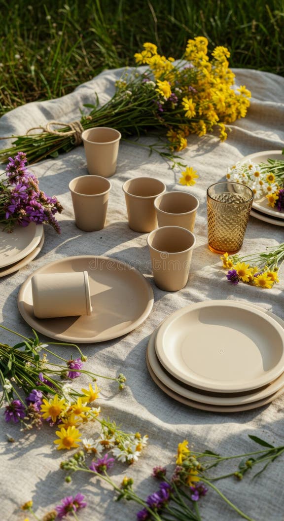 Summer Picnic Setting with Beige Tableware and Wildflowers Stock ...