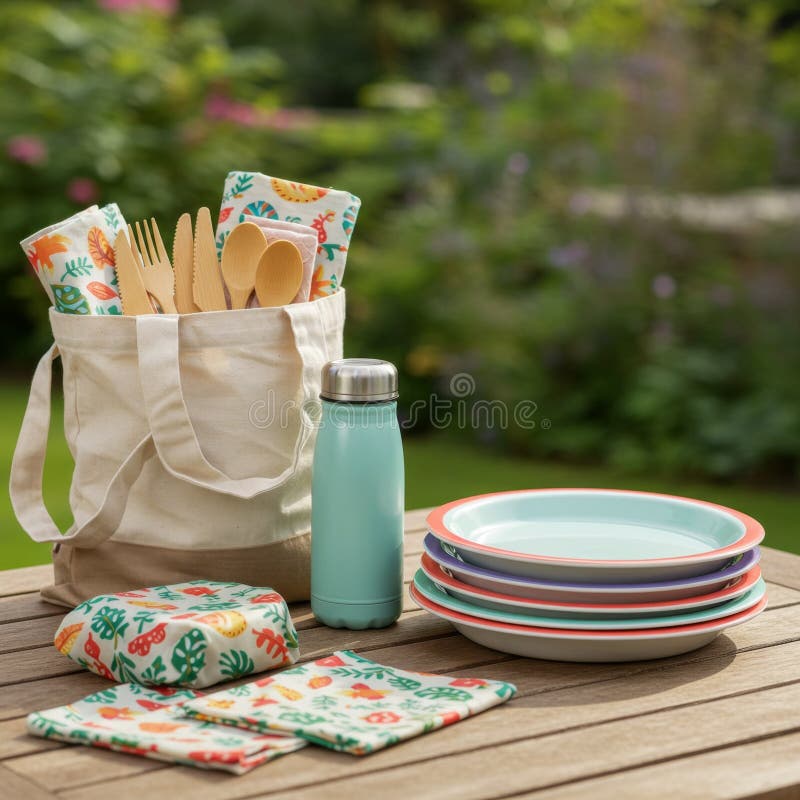 Summer Picnic Setting with Reusable Utensils and Plates Stock ...
