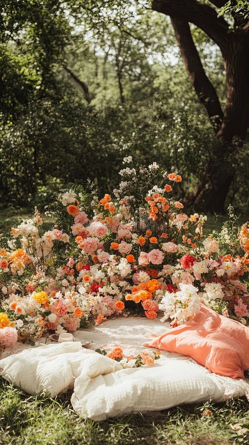 Summer Picnic Setup with Blooming Flowers in a Park. Stock Photo ...