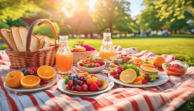 Summer Picnic Spread- Illustrate a Cheerful Summer Picnic Scene with a ...