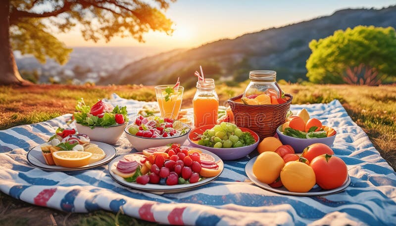 Summer Picnic Spread- Illustrate a Cheerful Summer Picnic Scene with a ...