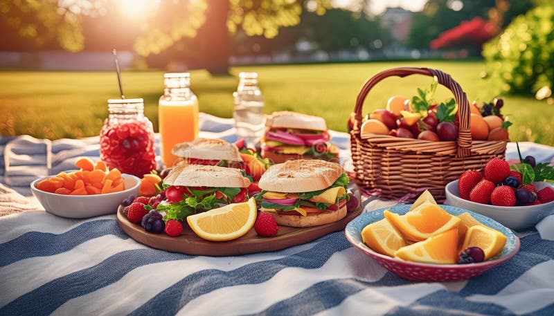 Summer Picnic Spread- Illustrate a Cheerful Summer Picnic Scene with a ...