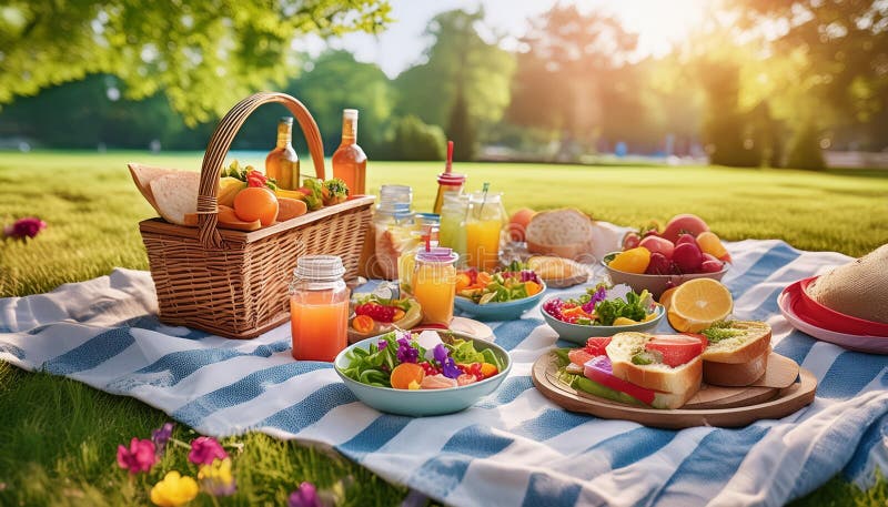 Summer Picnic Spread- Illustrate a Cheerful Summer Picnic Scene with a ...