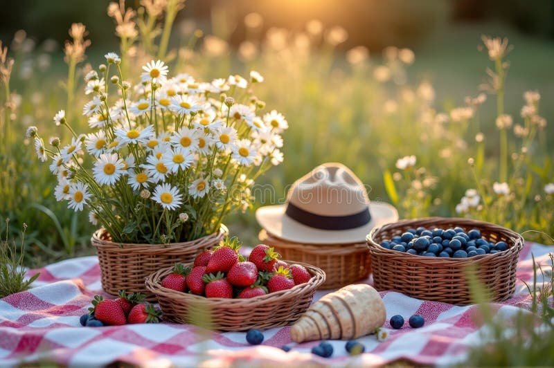Summer Picnic with Strawberries, Blueberries, Flowers, and Checkered ...