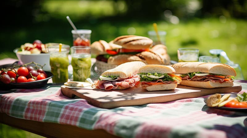 A Summer Picnic Table with Sandwiches and Fruit Stock Illustration ...