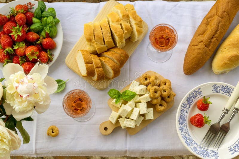 Summer Picnic Table with Various Snacks and Rose Wine Stock Photo ...